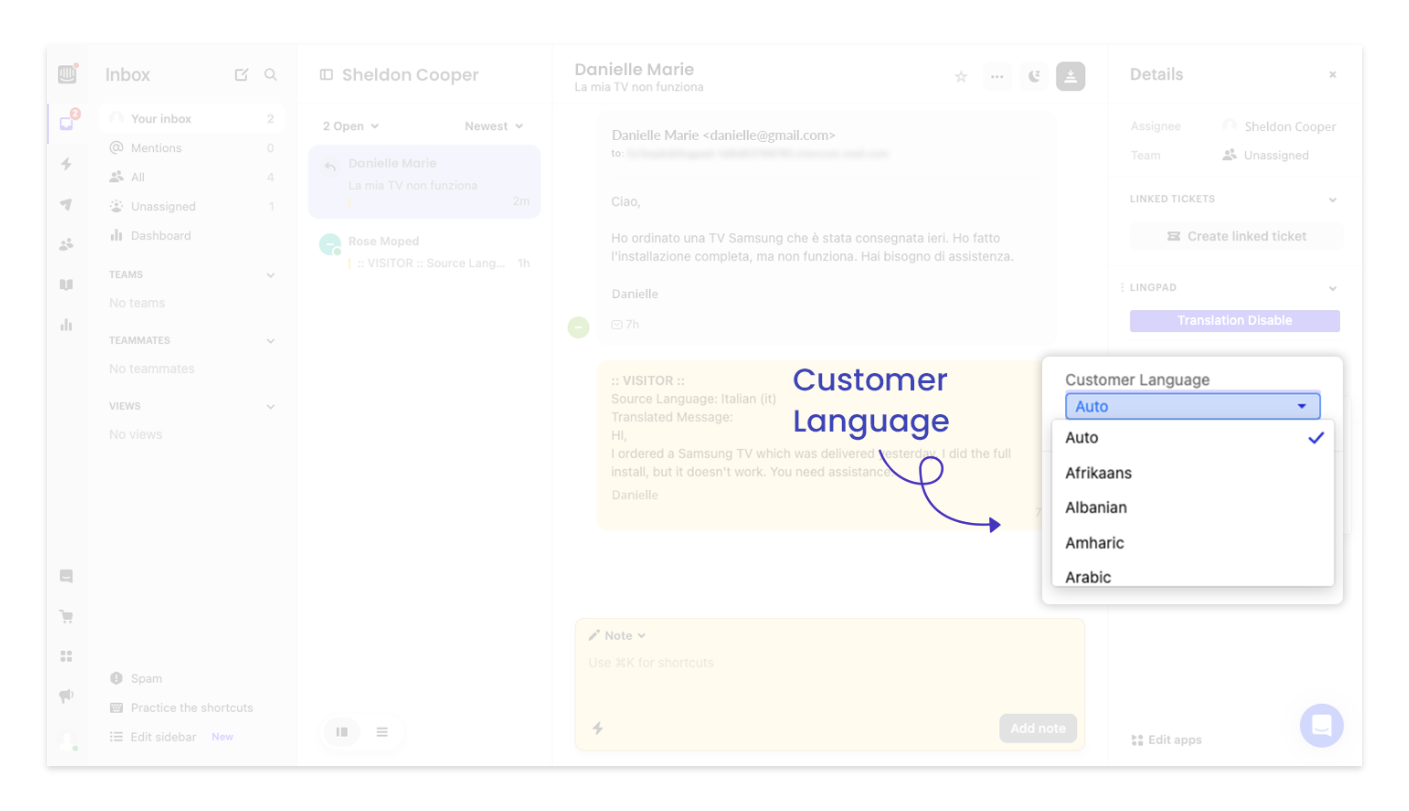 Order AI-powered Translations on Intercom Inbox with Lingpad App